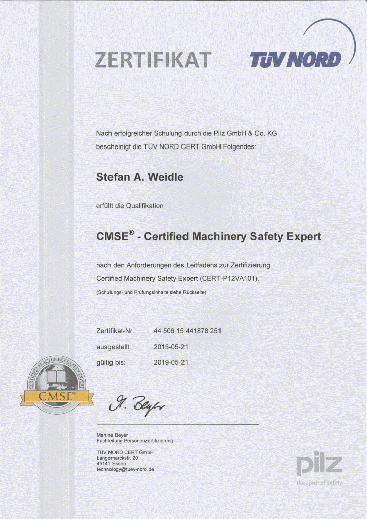 CMSE – Certified Machinery Safety Expert / TÜV-Nord – Weidle-Safety